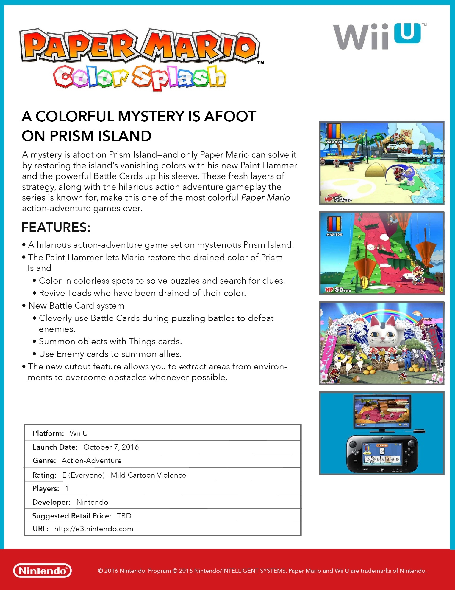 Paper Mario: Color Splash boxart, screenshots, art, fact sheet